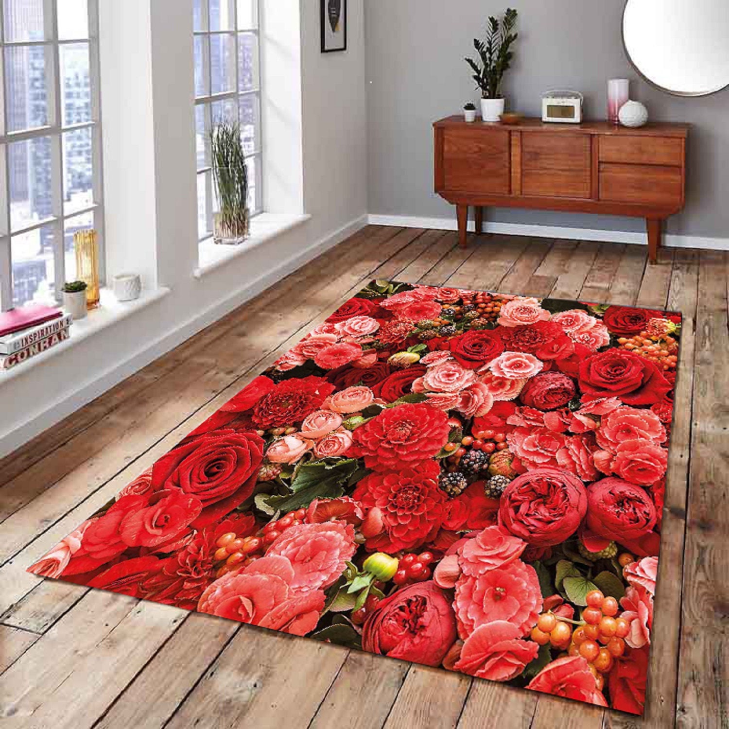 Modern Rug Art Deco Rug Area Rug Red Rose Rug Design Rug | Etsy