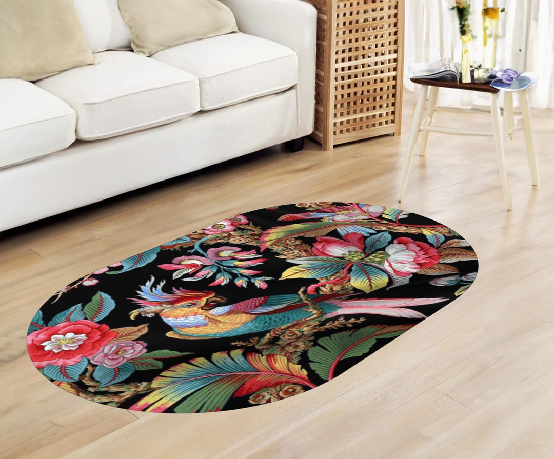 Parrot Rug, Oval Rug, Jungle With Exotic Birds, Flower Rug Tropical ...