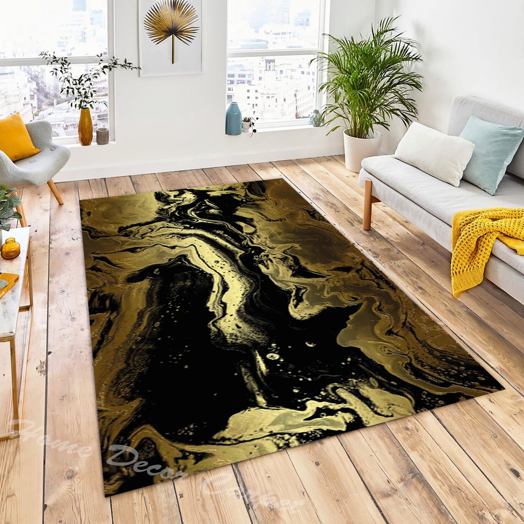 Abstract Art Oil Painting, Black and Golden Rug, Bedroom Rug, Bedside ...