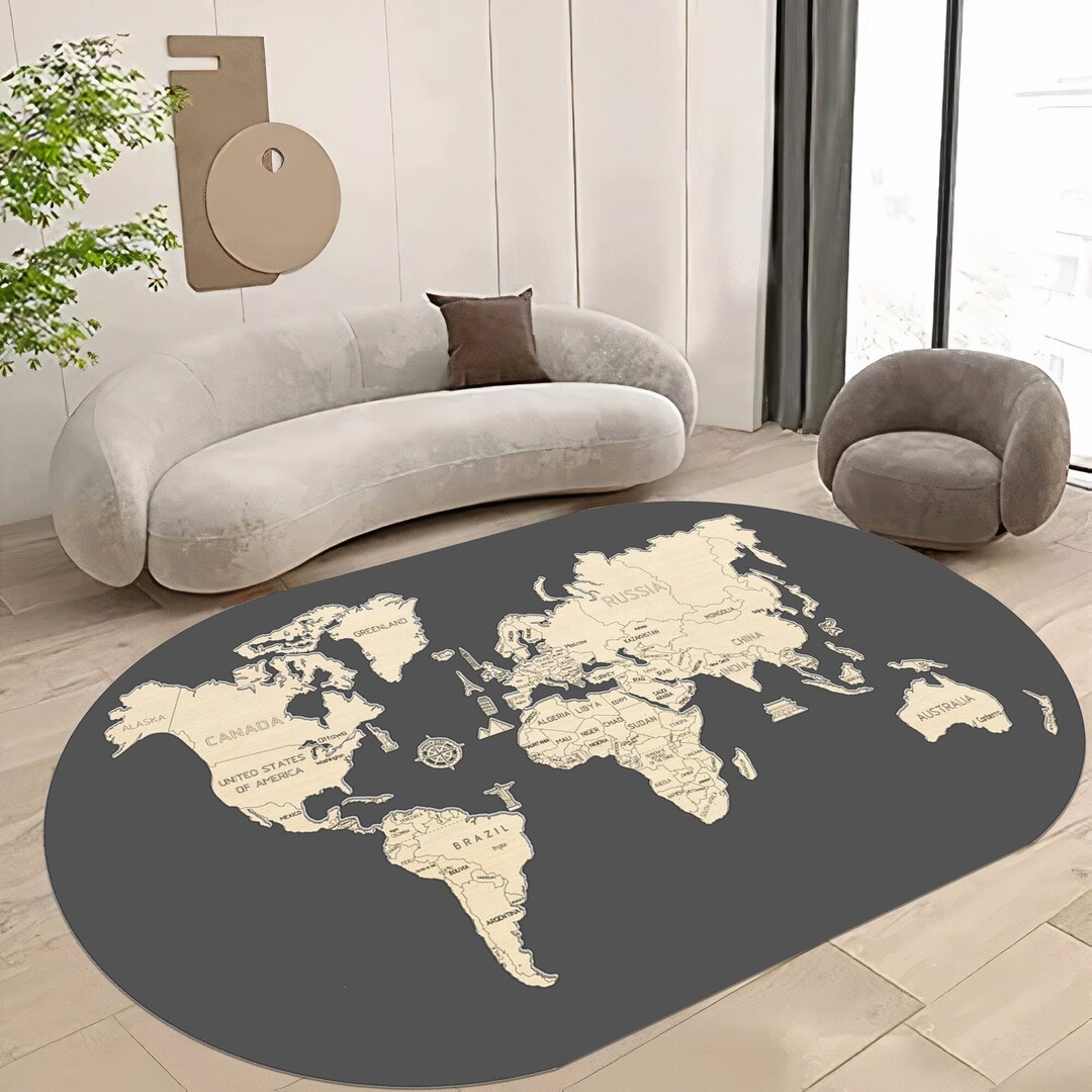 World Map Rug, Oval Design, Teens Room Rug, 3D Art Rug, Oval Pattern ...