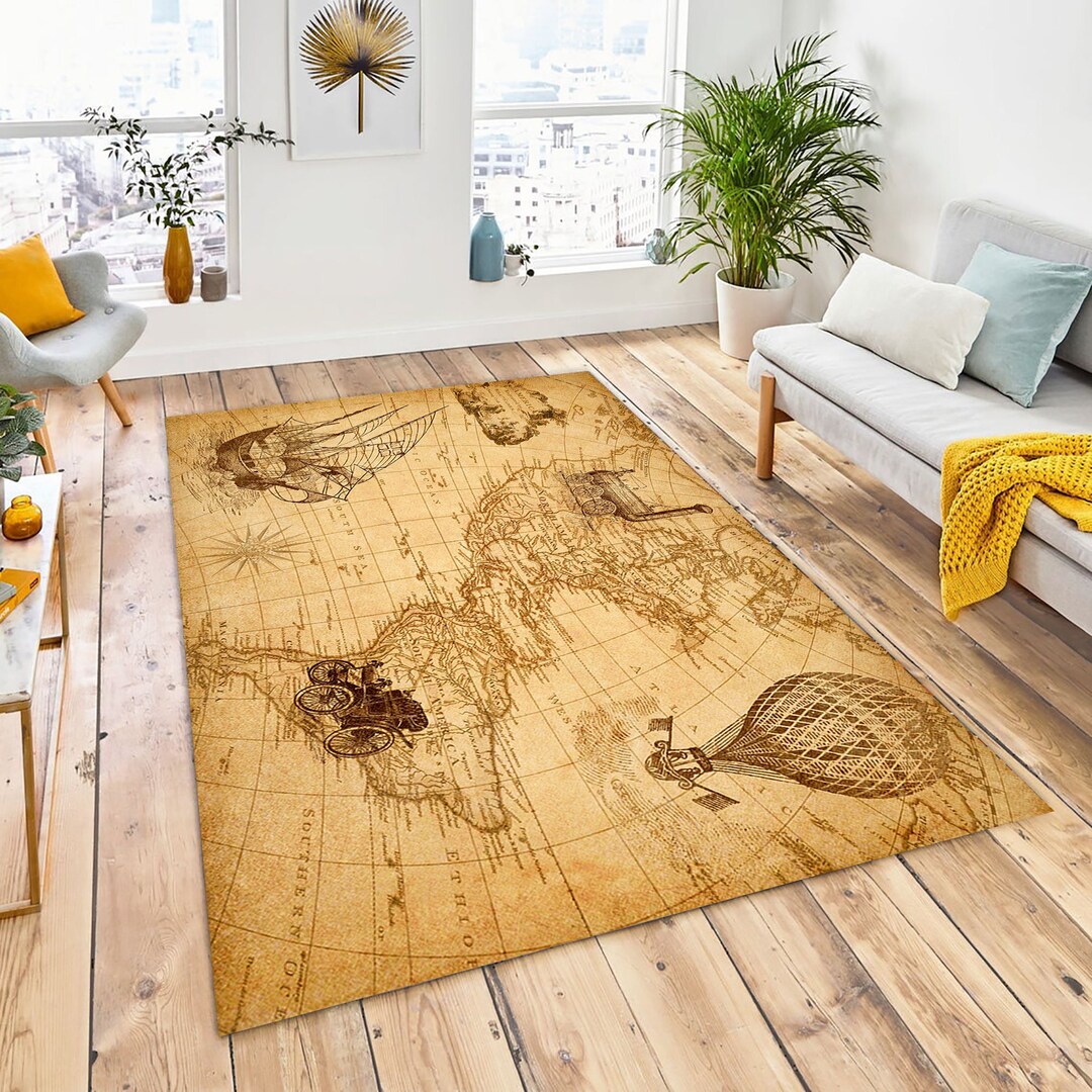 Rustic World Map Area Rugs, 3D Rug for Living Room, Kitchen Mat, World ...