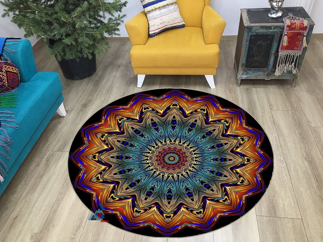 Mandala Bohemian Round Rug, Bohemian Style Mandala Pattern Round Rug ...