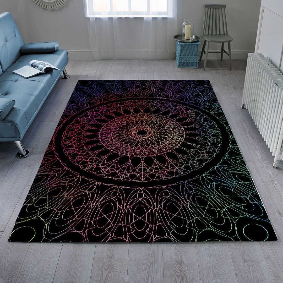 Mandala Bath Mat, Modern Rug, Classic Flower Mandala Area Rug, Black ...