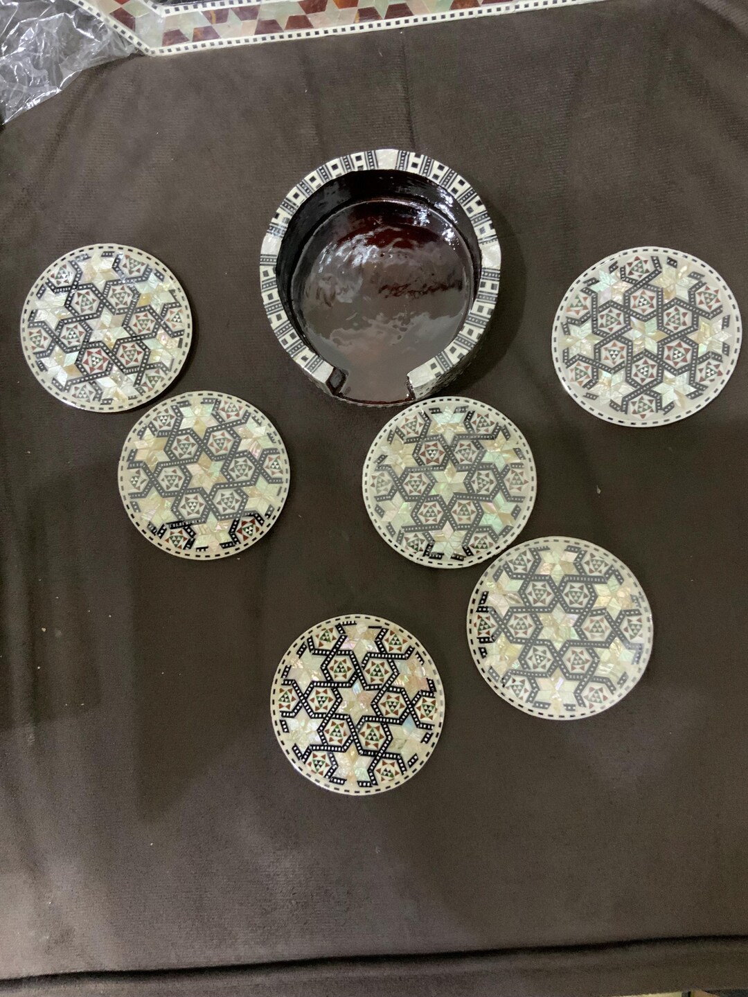 Handmade Moroccan Mosaic Coaster Set: Beechwood Inlay, Mother of Pearl ...