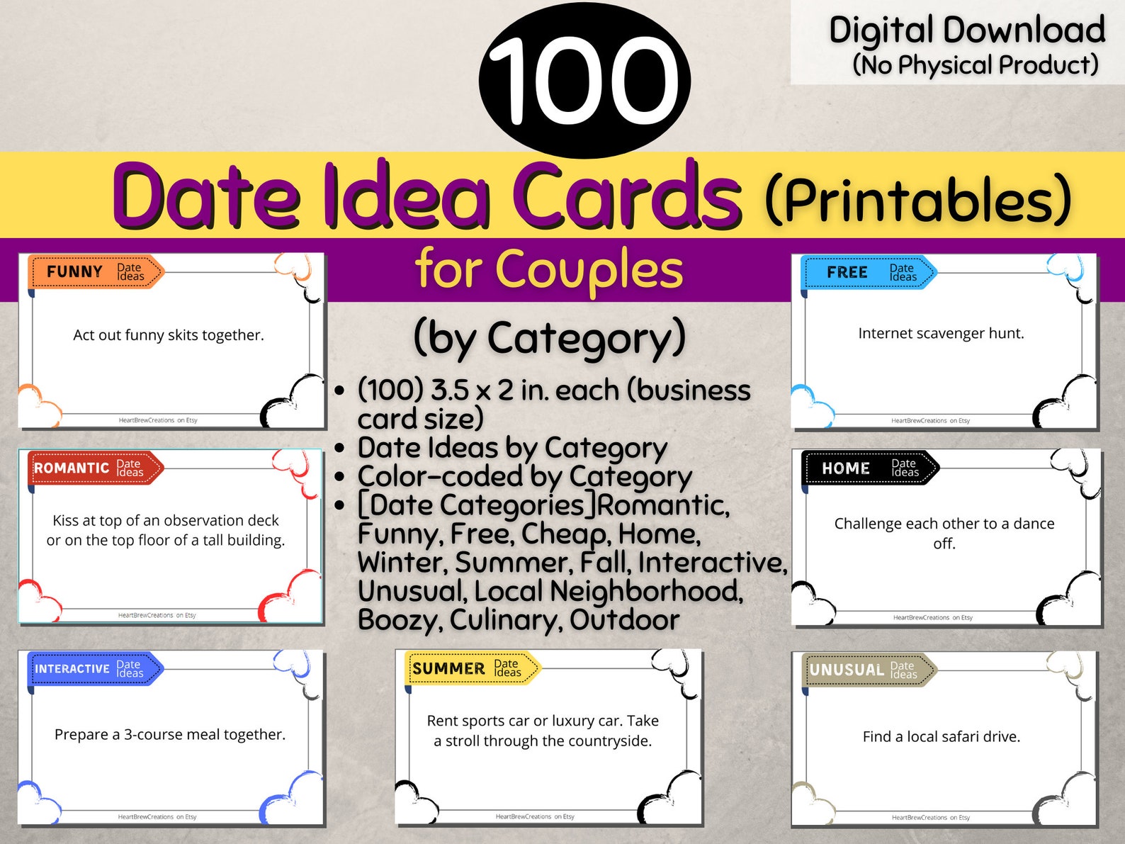 100 Date Ideas for Couples Cards (printables- Digital Download ...