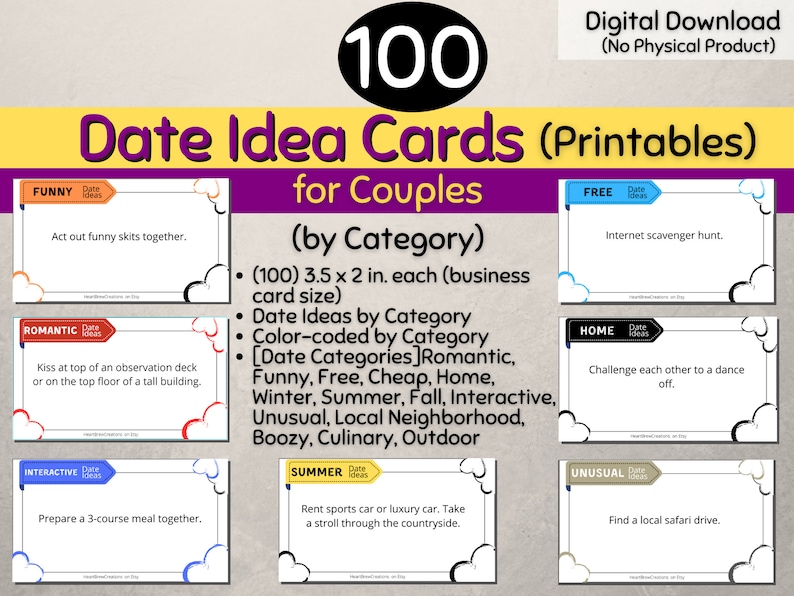 100 Date Ideas for Couples Cards (printables- Digital Download ...