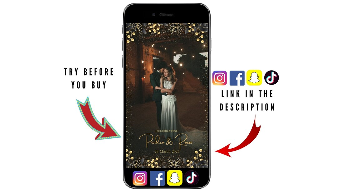 Black Gold Floral Wedding Snapchat Filter, Tiktok Filter, Custom ...
