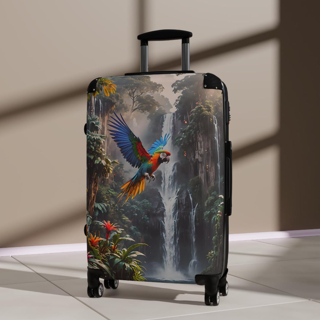 Flying Macaw Parrot Cabin Suitcase - Tropical Lush Waterfall Suitcase ...