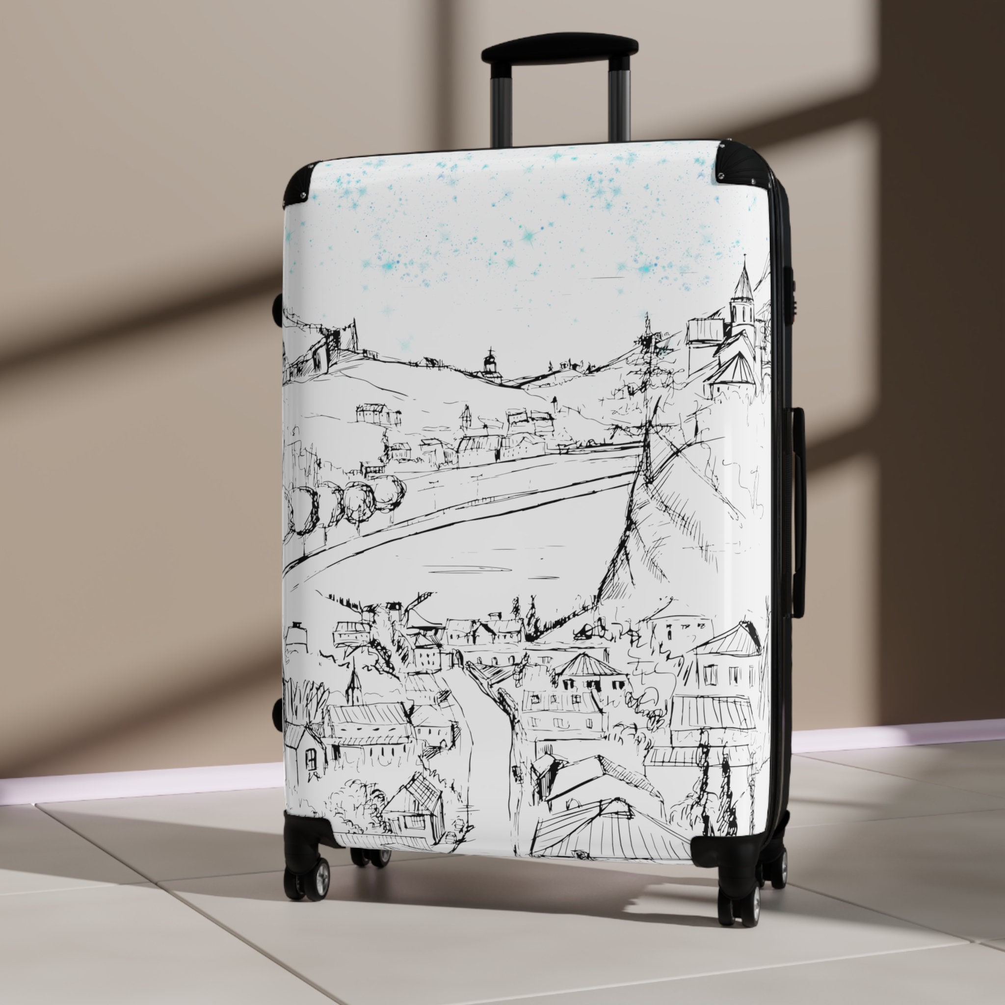 Village Sketch Suitcase - Starry Night Village Suitcase - Black and ...