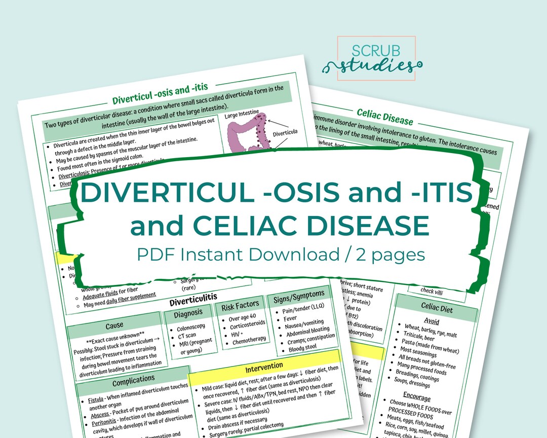 Diverticulosis, Diverticulitis and Celiac Disease Study Guide | Nursing ...