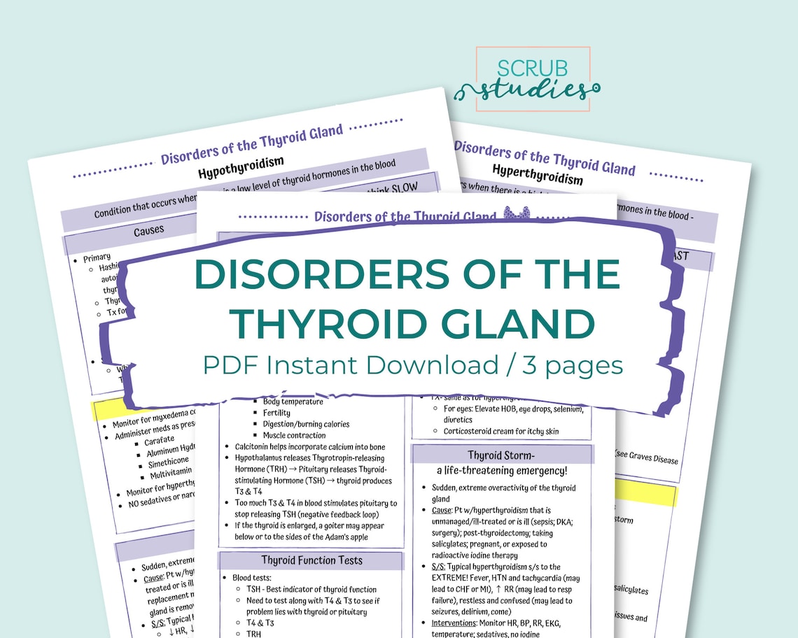 Disorders of the Thyroid Gland Nursing Study Guide Hyperthyroidism Hypothyroidism Graves Disease ...