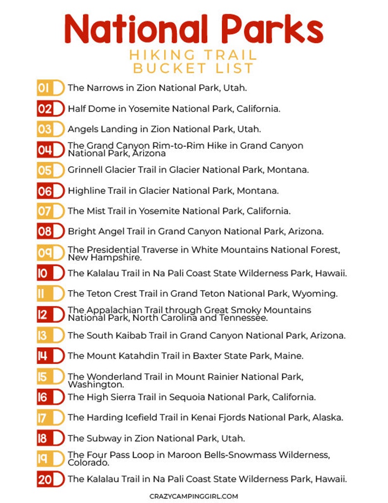 National Parks Hiking Trail Bucket List, Hiking Trails, Digital ...
