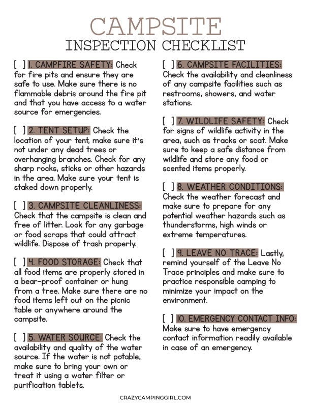 Campsite Inspection Checklist, Camping, Camping Checklist, Digital ...