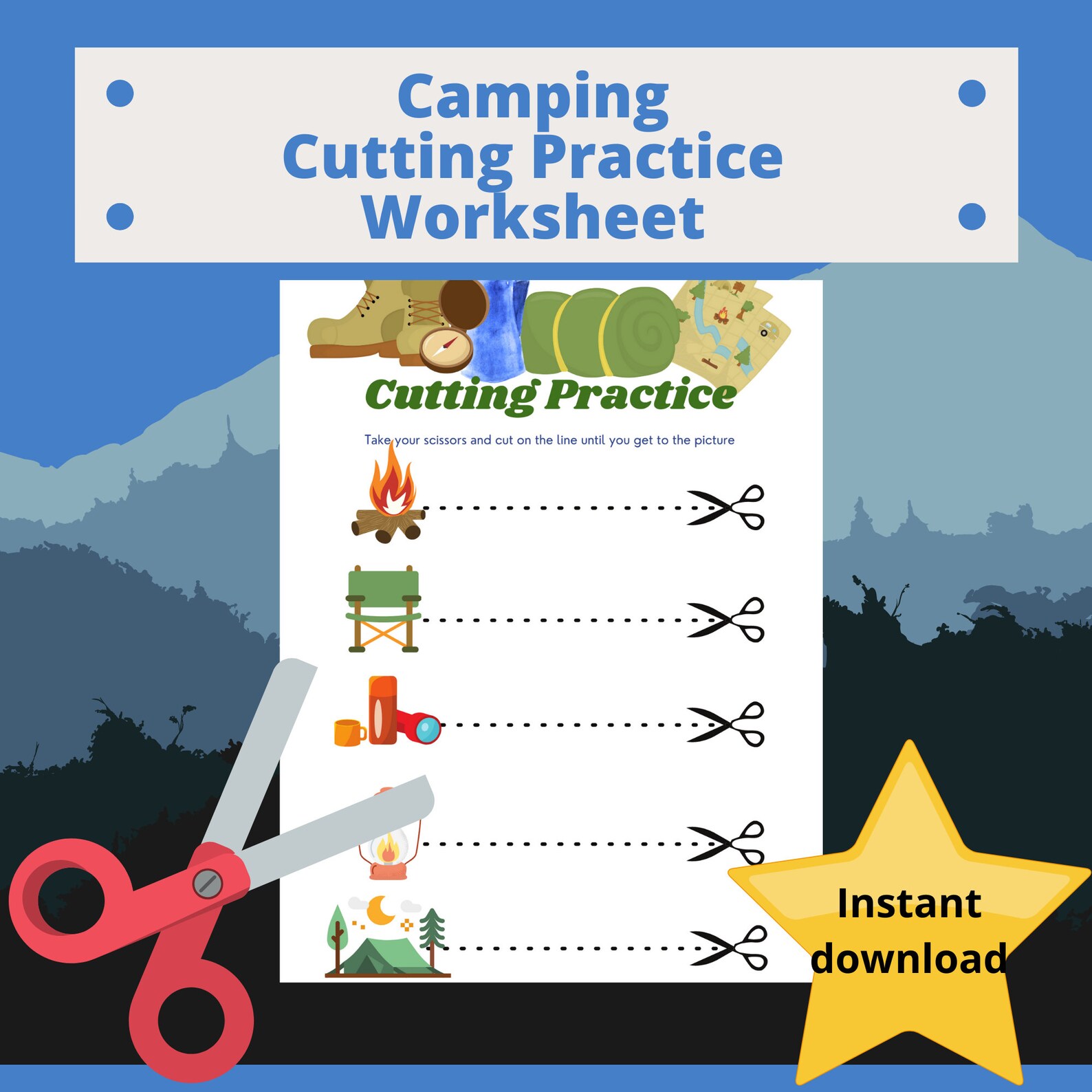 Camping Cutting Practice Worksheet, Camper, Camping, Digital Download ...