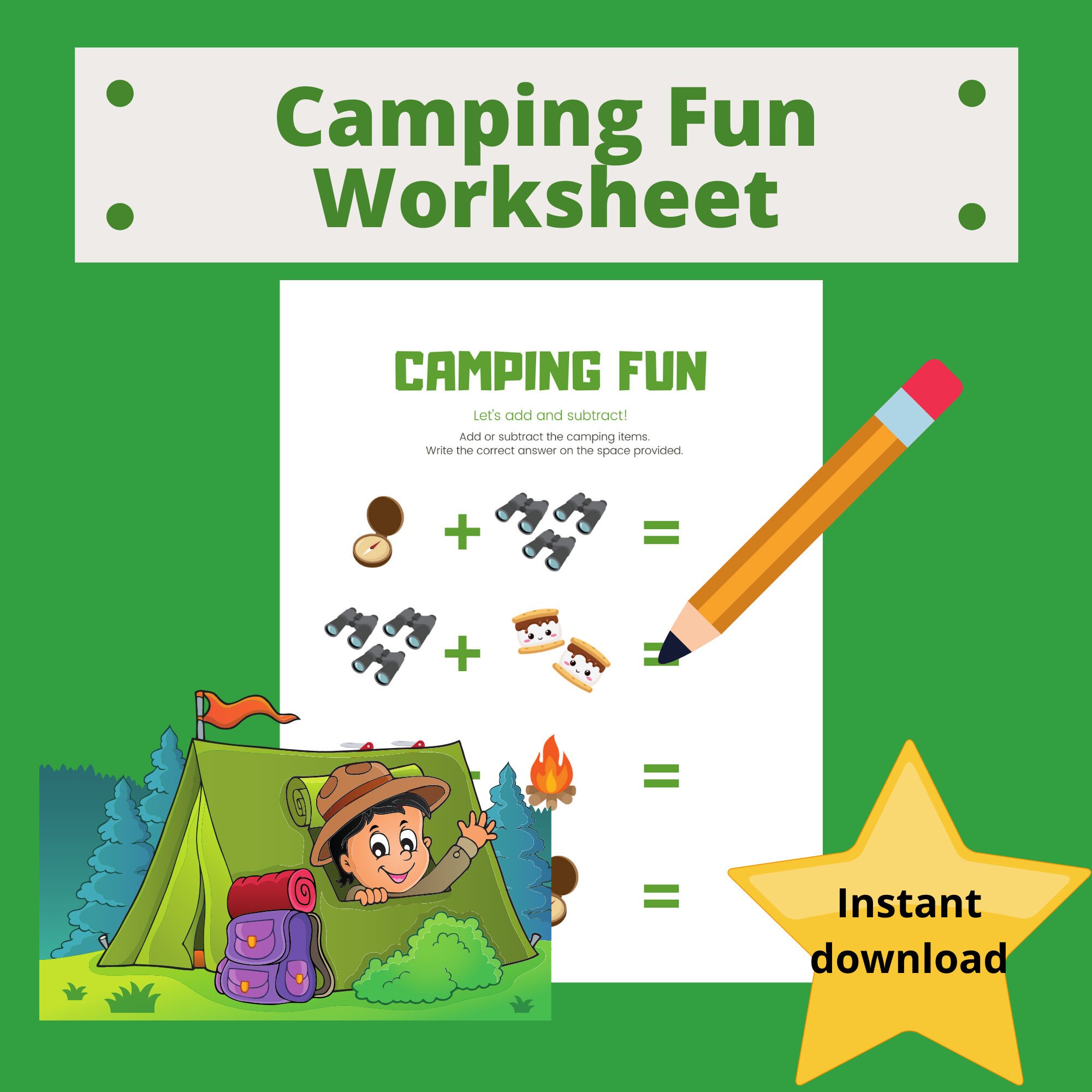 Lil Camper Camping Fun Worksheet, Instant Download, Adding Worksheet ...