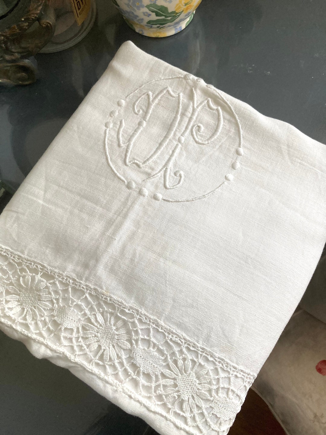 Antique French LINEN Fil Sheet fluid Linen Monogramed DP Lace Trimming ...