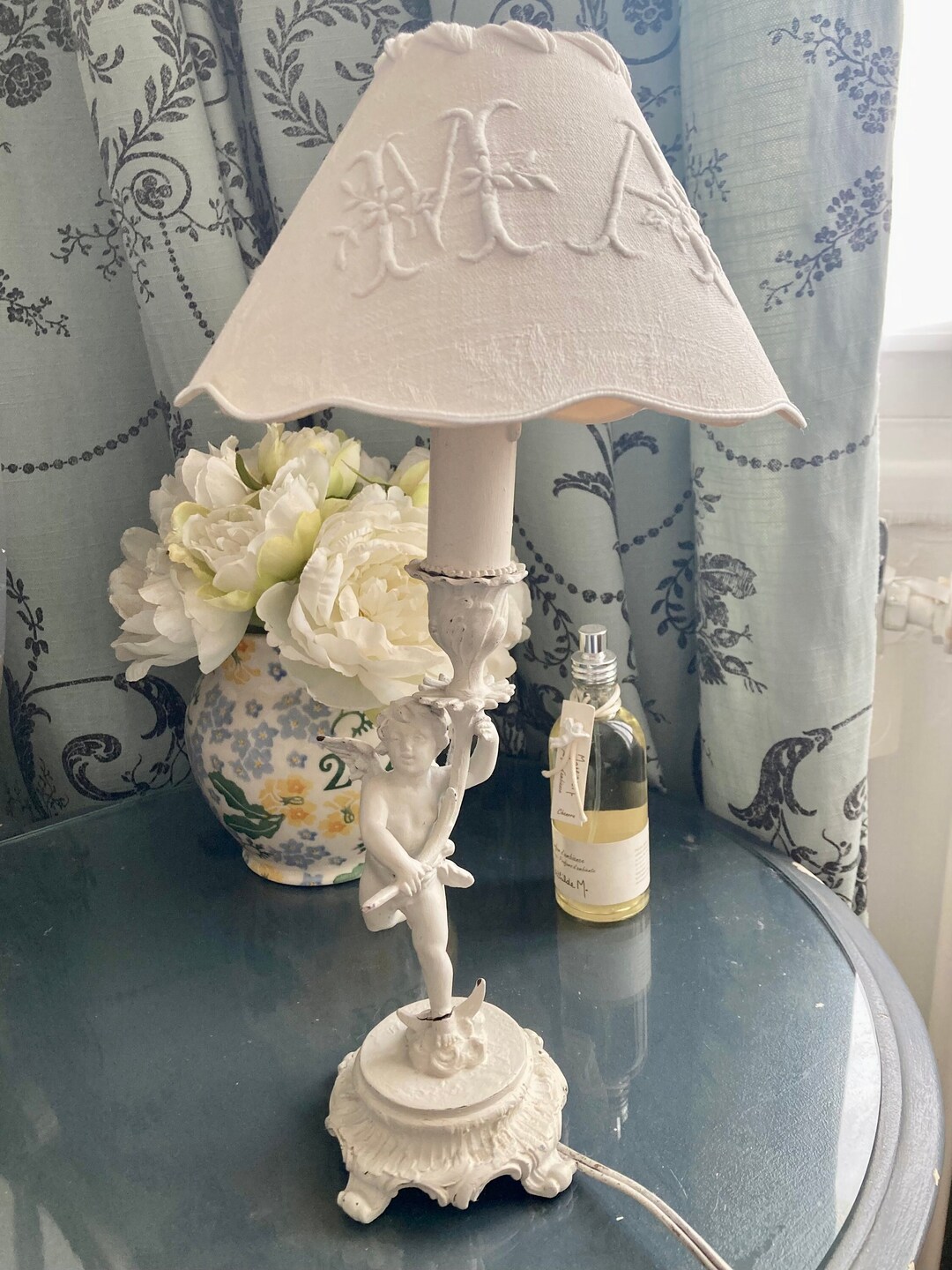 Adorable French Cherub Table Lamp With Cotton Jacquard MA Monogram ...