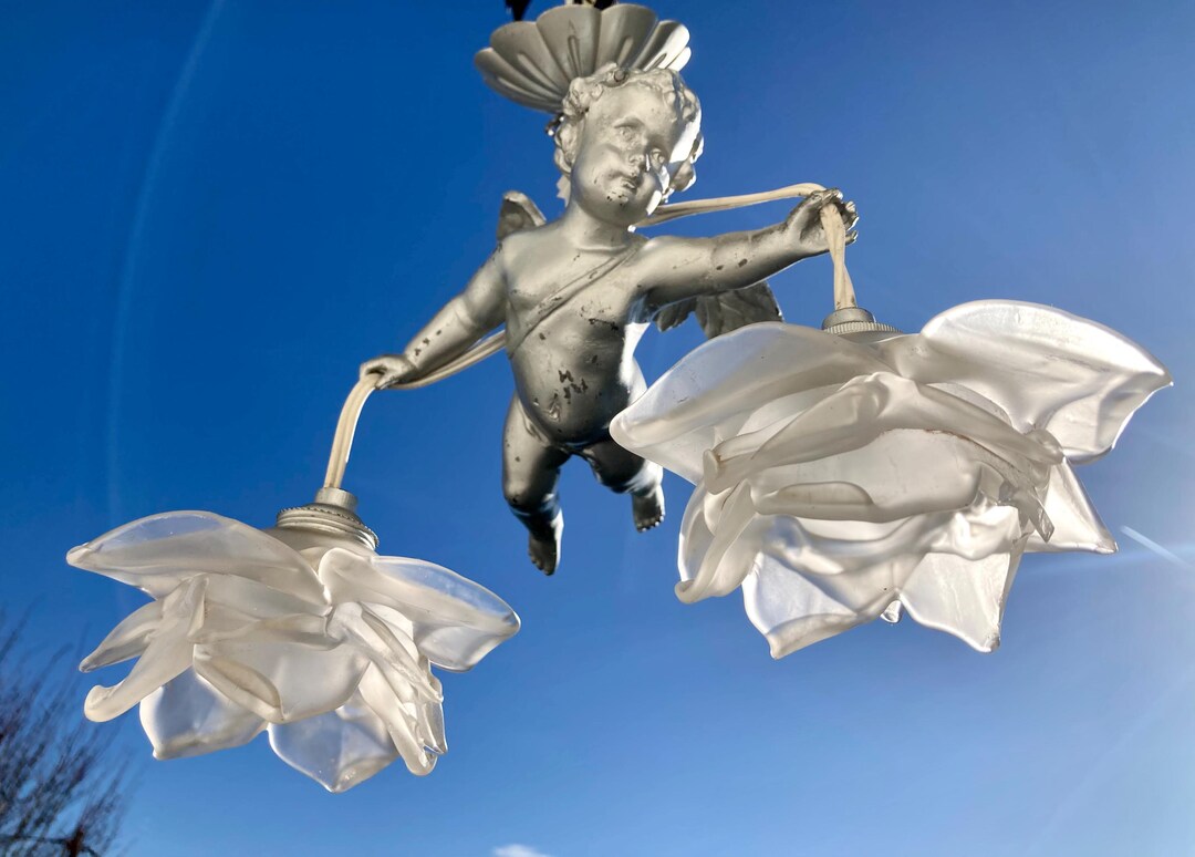 French Flying Cherub Chandelier~ Antique Timeworn Cherub With a Glass ...