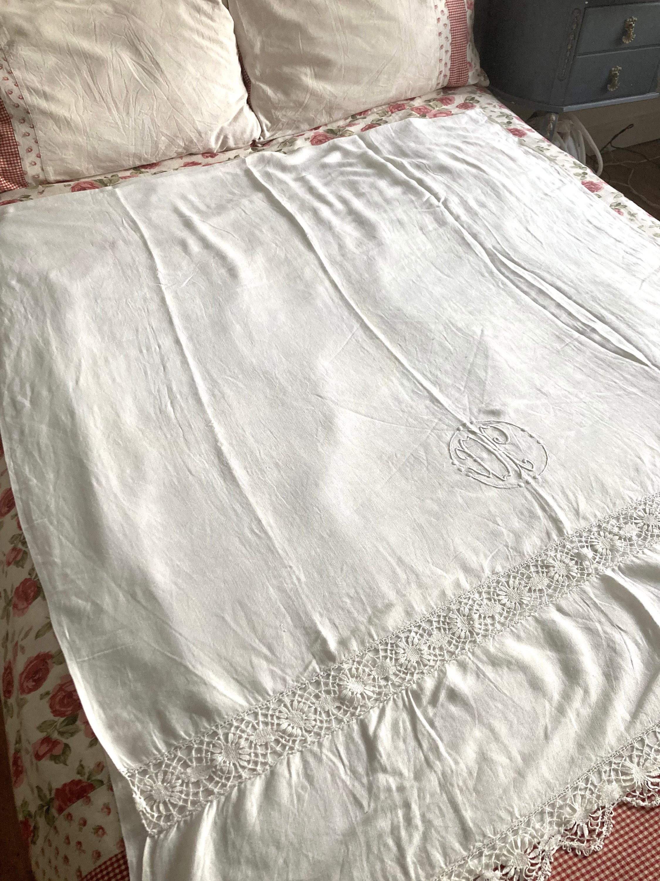 Antique French LINEN Fil Sheet fluid Linen Monogramed DP Lace Trimming ...