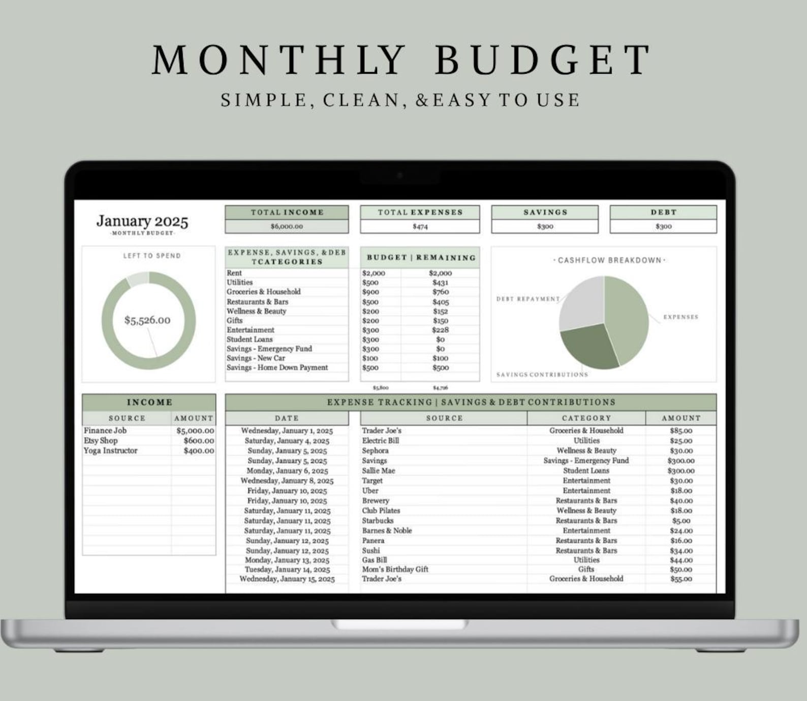 Monthly Budget Spreadsheet Planner | Sage Green | Simple Monthly Budget ...