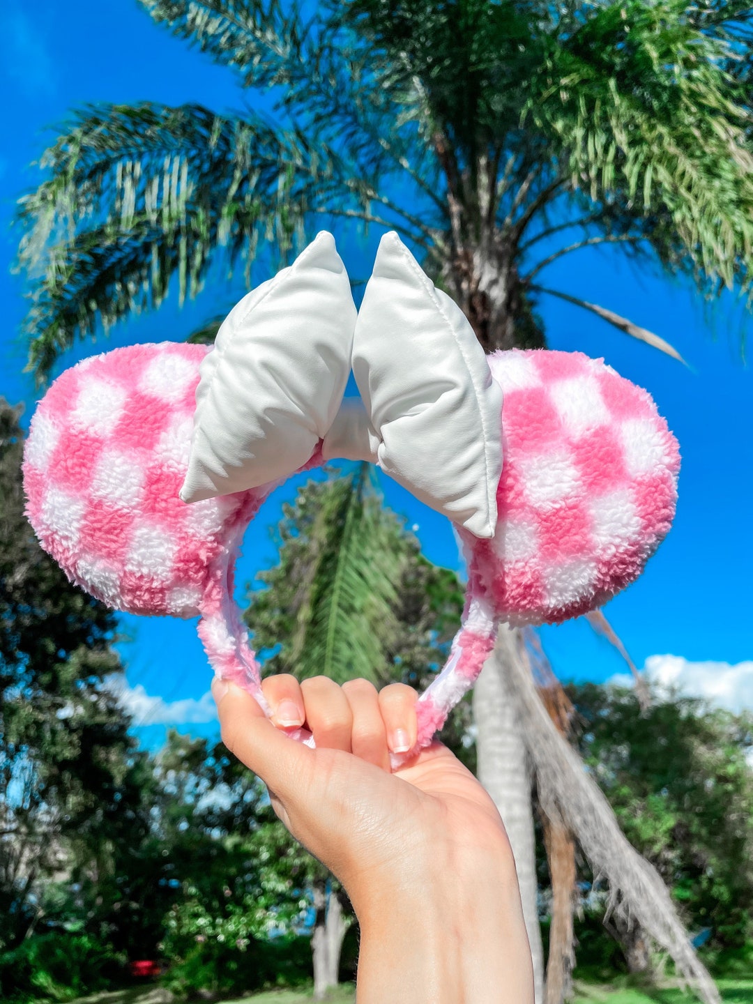 Checkered Ears Pink and White Ears Leather Ears Barbie Pink Minnie Ears ...