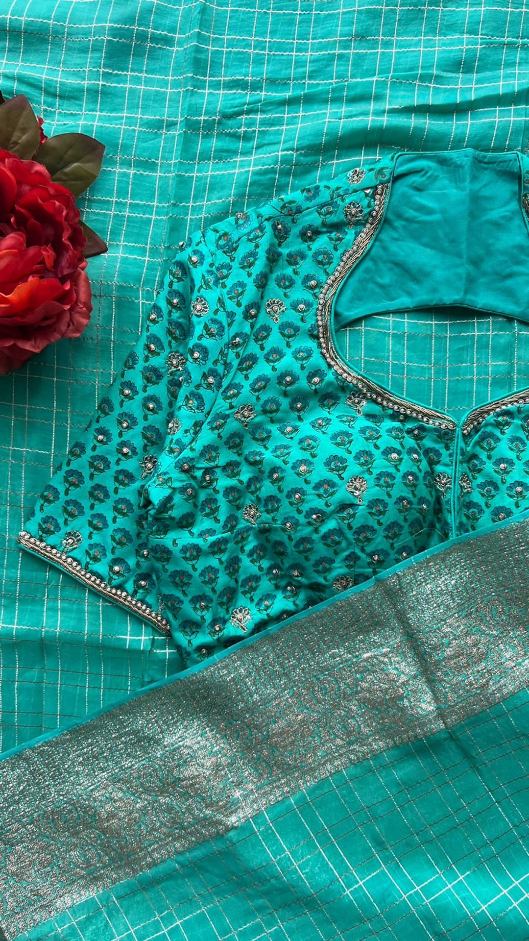 Threadslabel Tiffany Blue Chiffon Saree With Handwork Blouse - Etsy