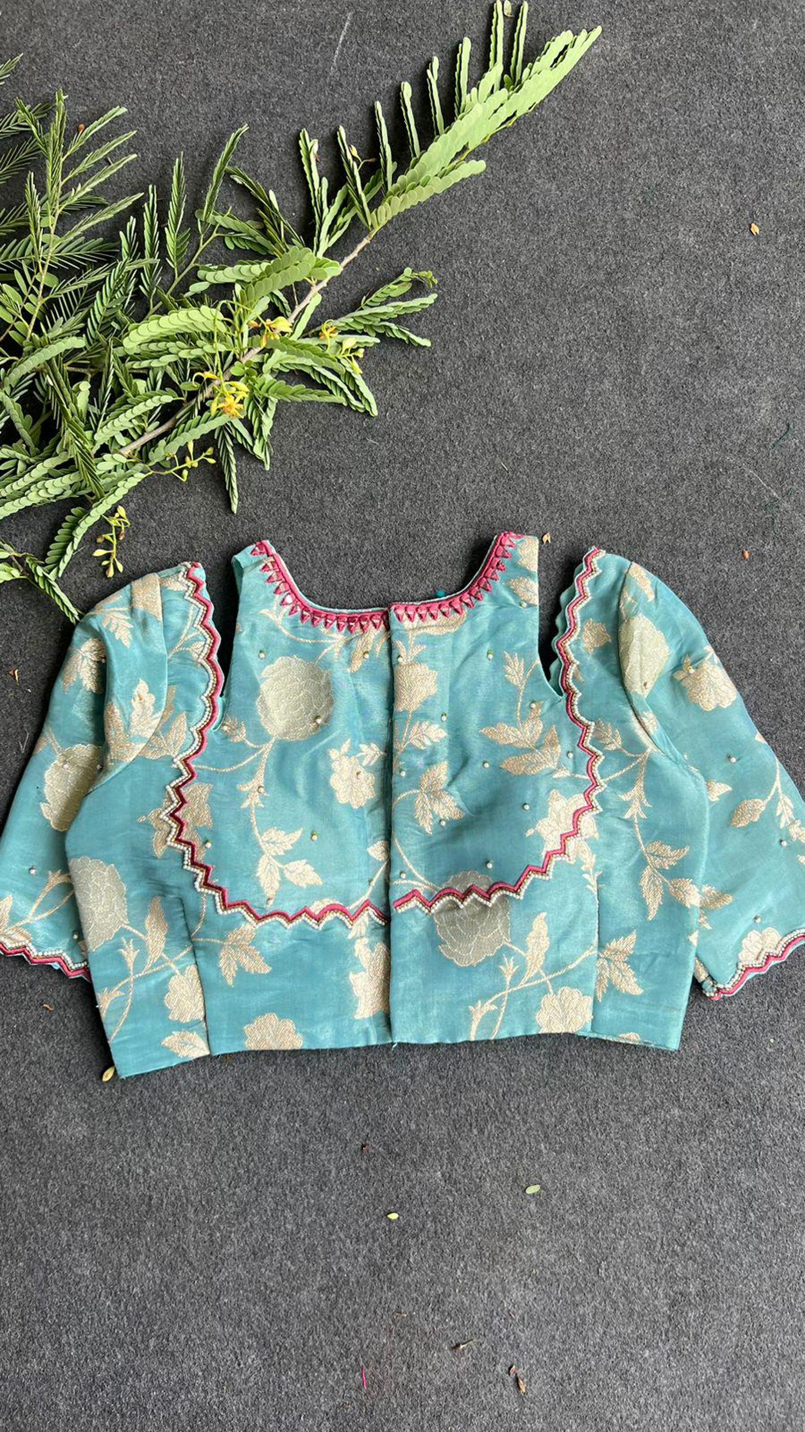 Blue Floral Jacquard Intricate JEWEL Hand Work Blouse - Etsy