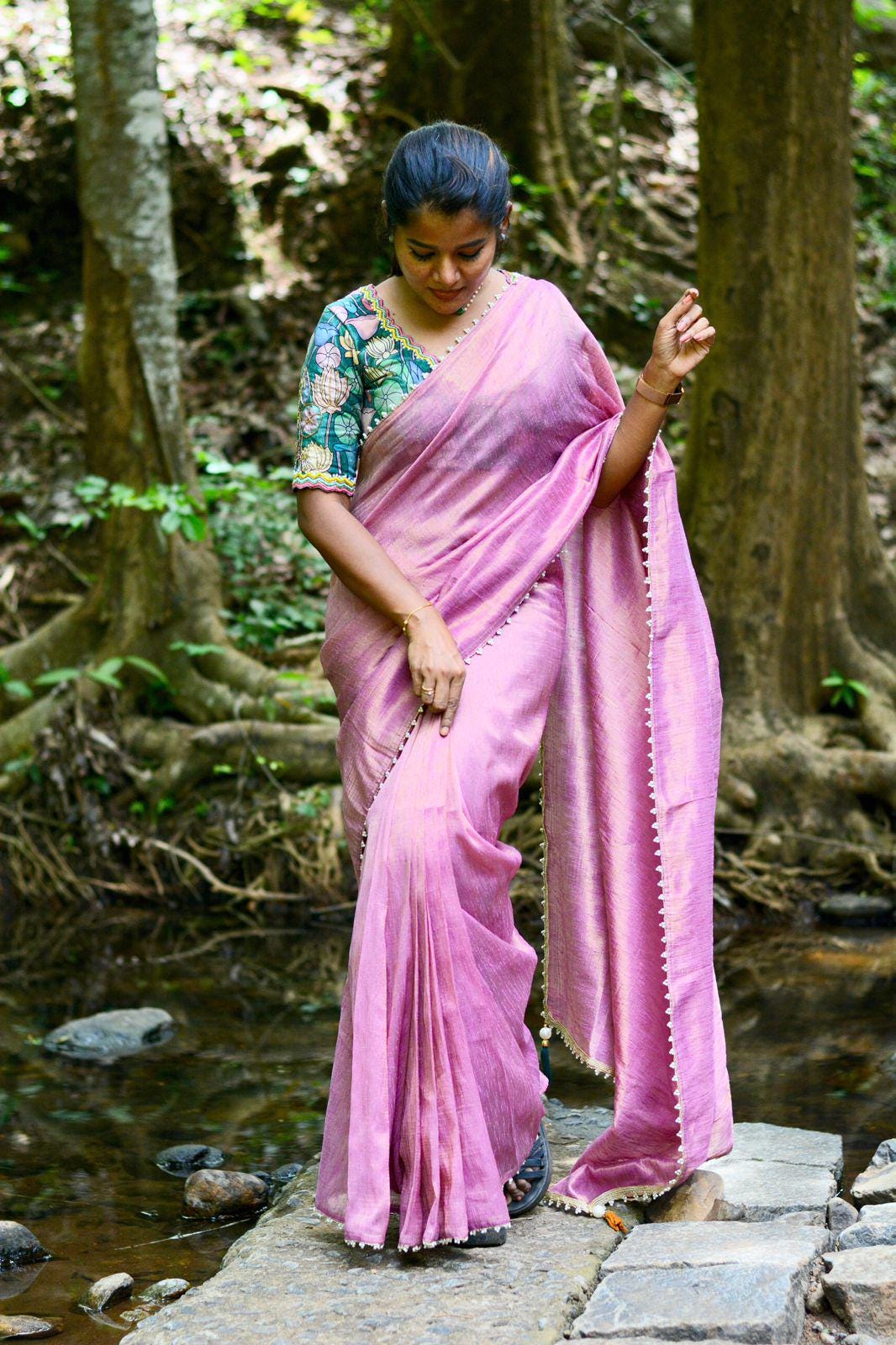 Pink Tissue Saree With Floral Velvet Hand Worked Blouse - Etsy