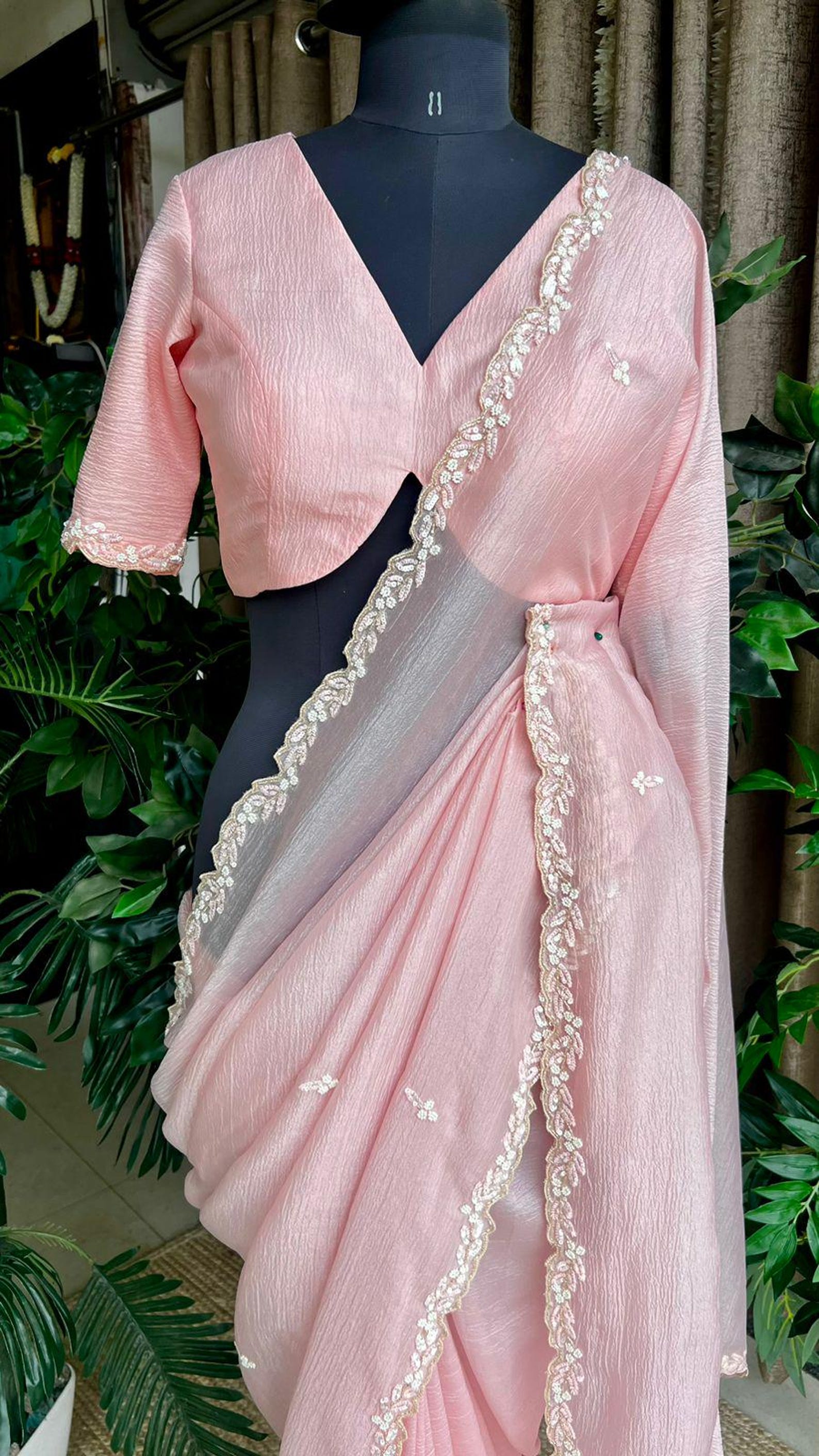 Pink Crushed Tissue Saree With Hand Worked Blouse - Etsy