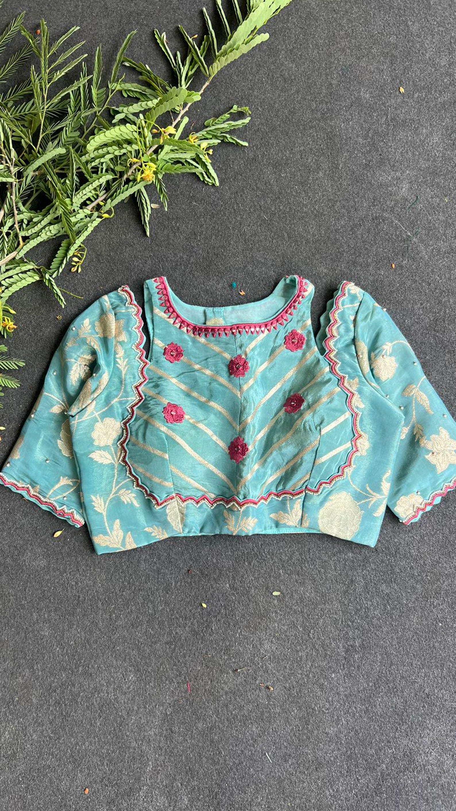 Blue Floral Jacquard Intricate JEWEL Hand Work Blouse - Etsy