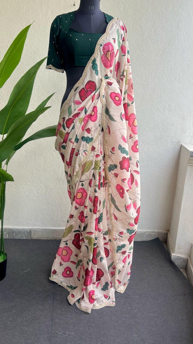Half White Floral Kossa Saree With Green Hand Worked Blouse - Etsy