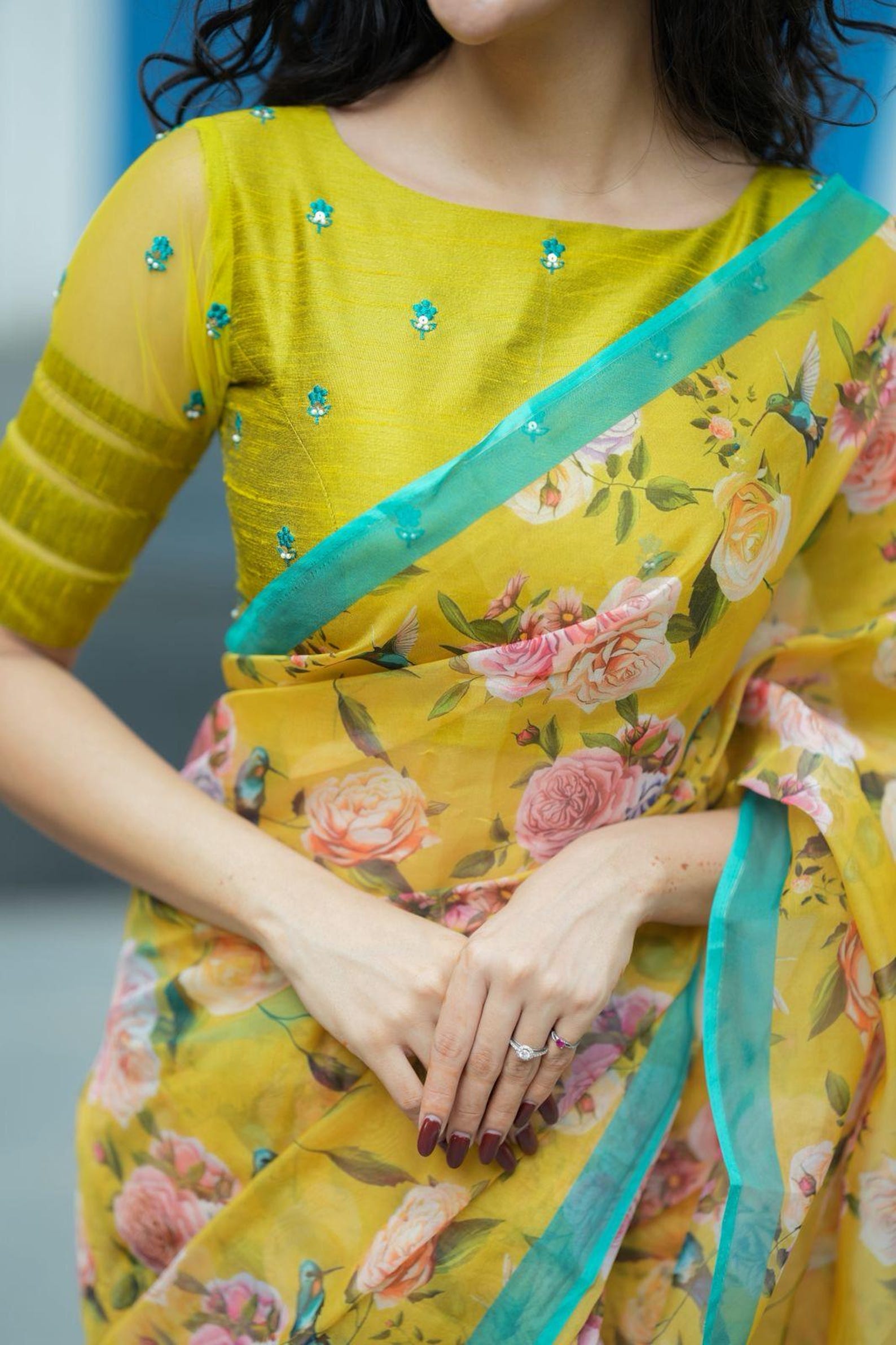 Fenugreek Floral Saree With Hand Worked Blouse - Etsy