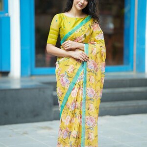 Fenugreek Floral Saree With Hand Worked Blouse - Etsy