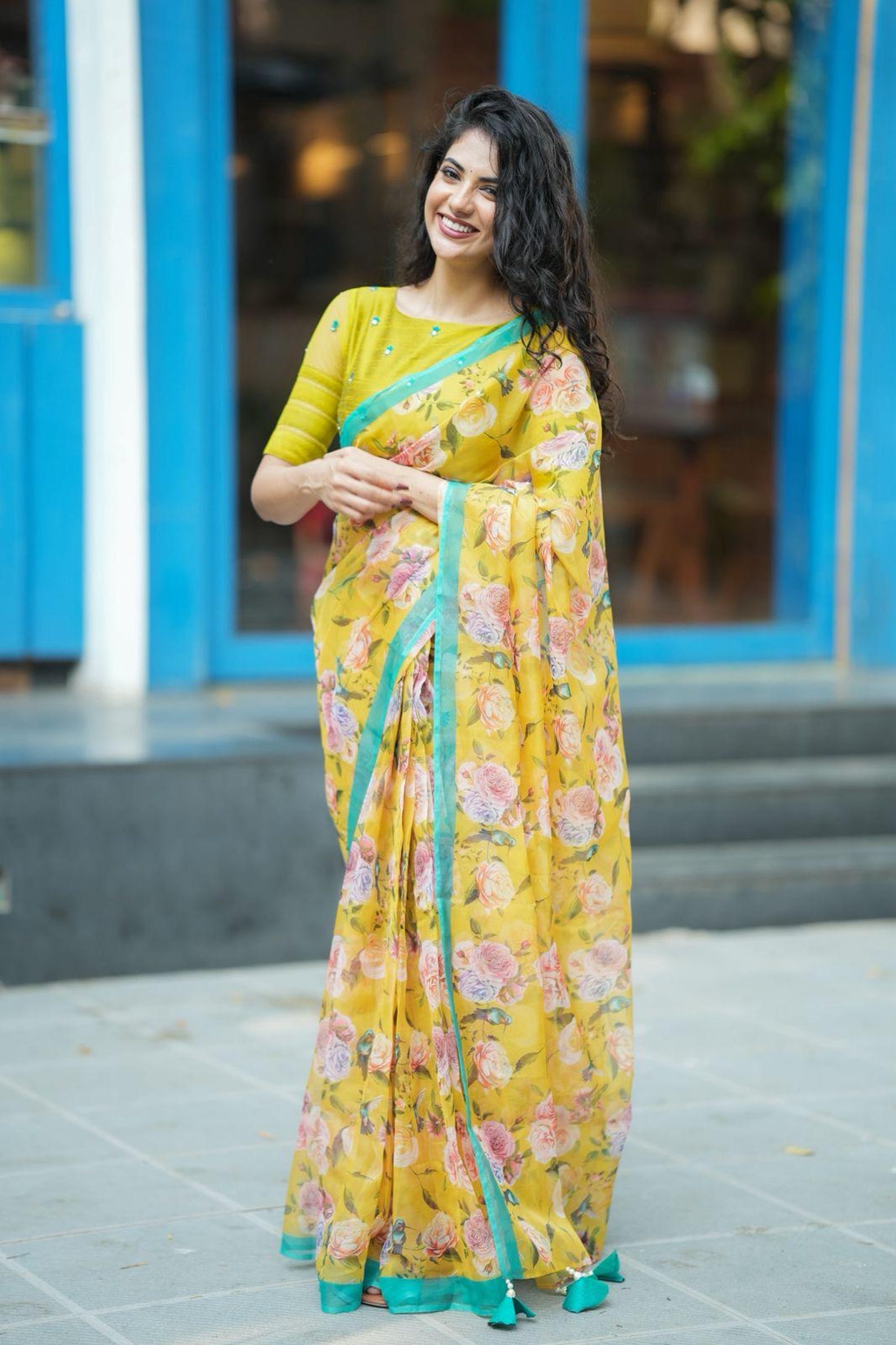 Fenugreek Floral Saree With Hand Worked Blouse - Etsy