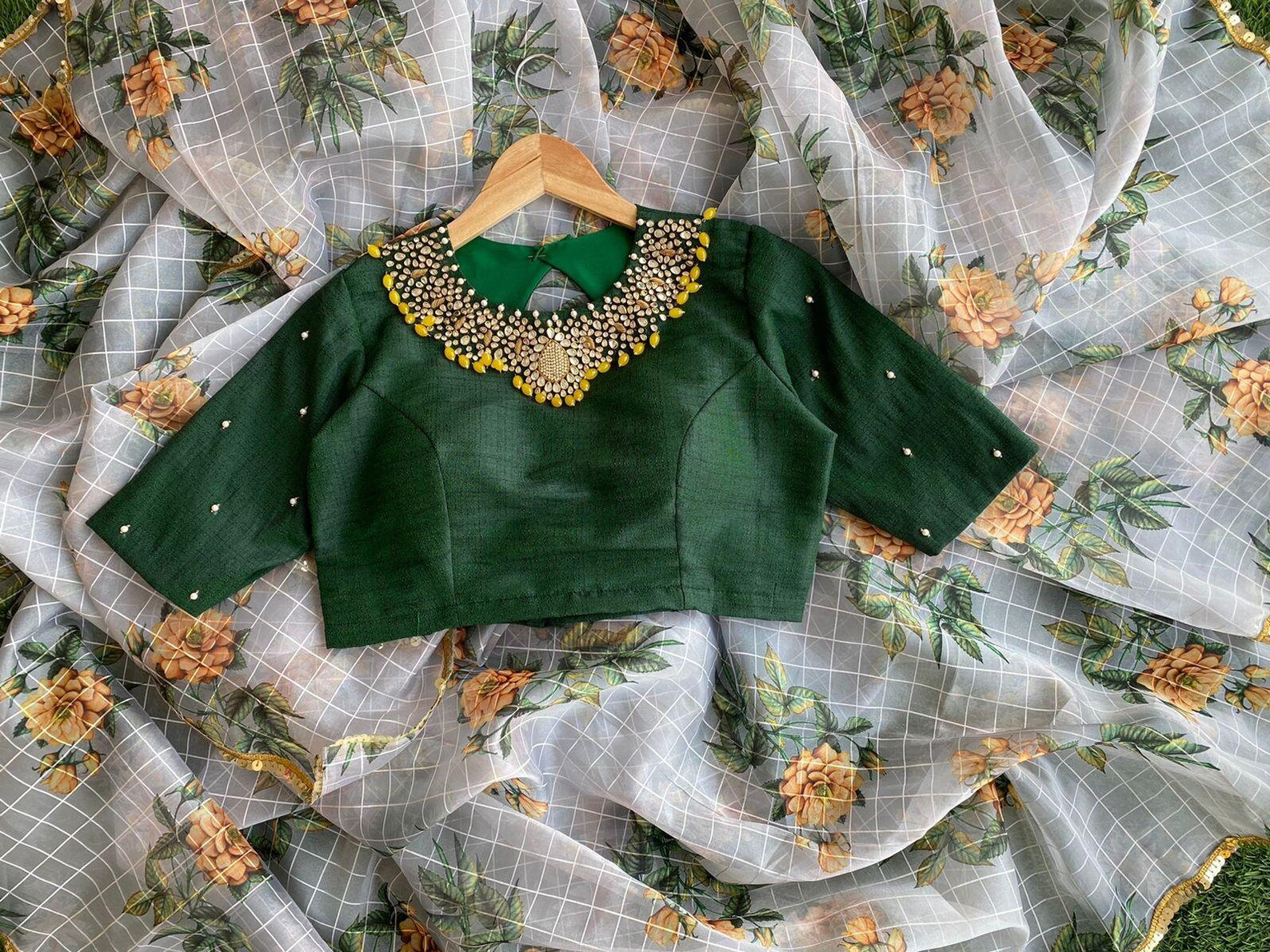 Hand Worked Green Jewel Neck Blouse - Etsy