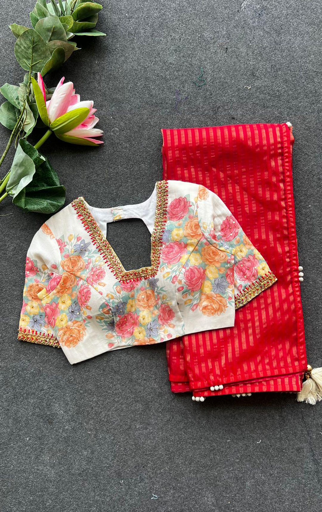 Red Stripped Tissue Saree With White Floral Hand Work Blouse - Etsy