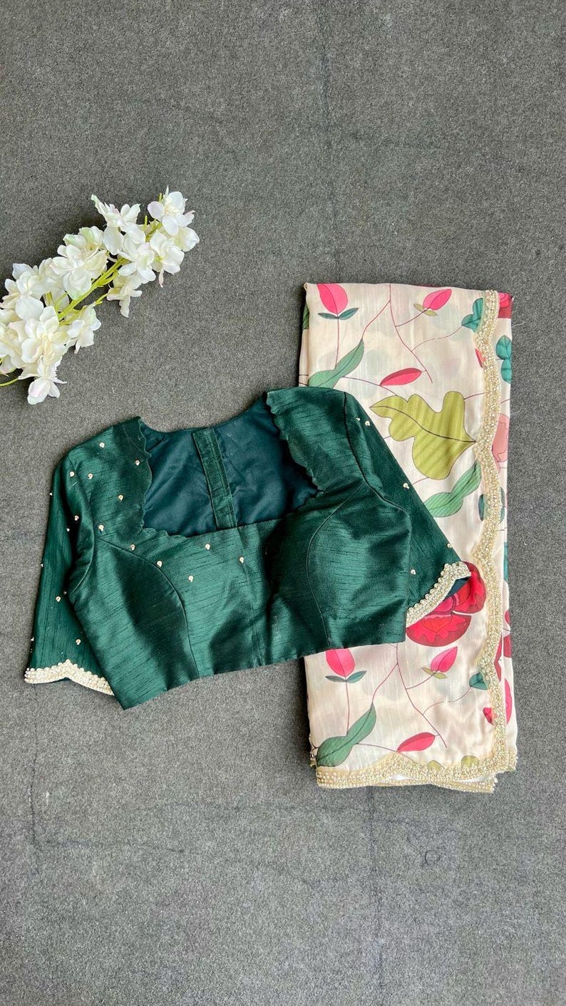 Half White Floral Kossa Saree With Green Hand Worked Blouse - Etsy