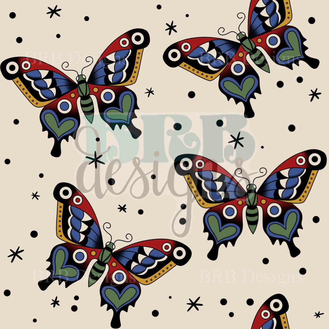 American Traditional Butterfly Hand Drawn Digital PNG Seamless File - Etsy
