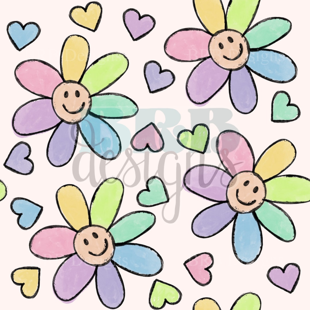 Happy Face Flowers Hand Drawn Digital PNG Seamless File - Etsy