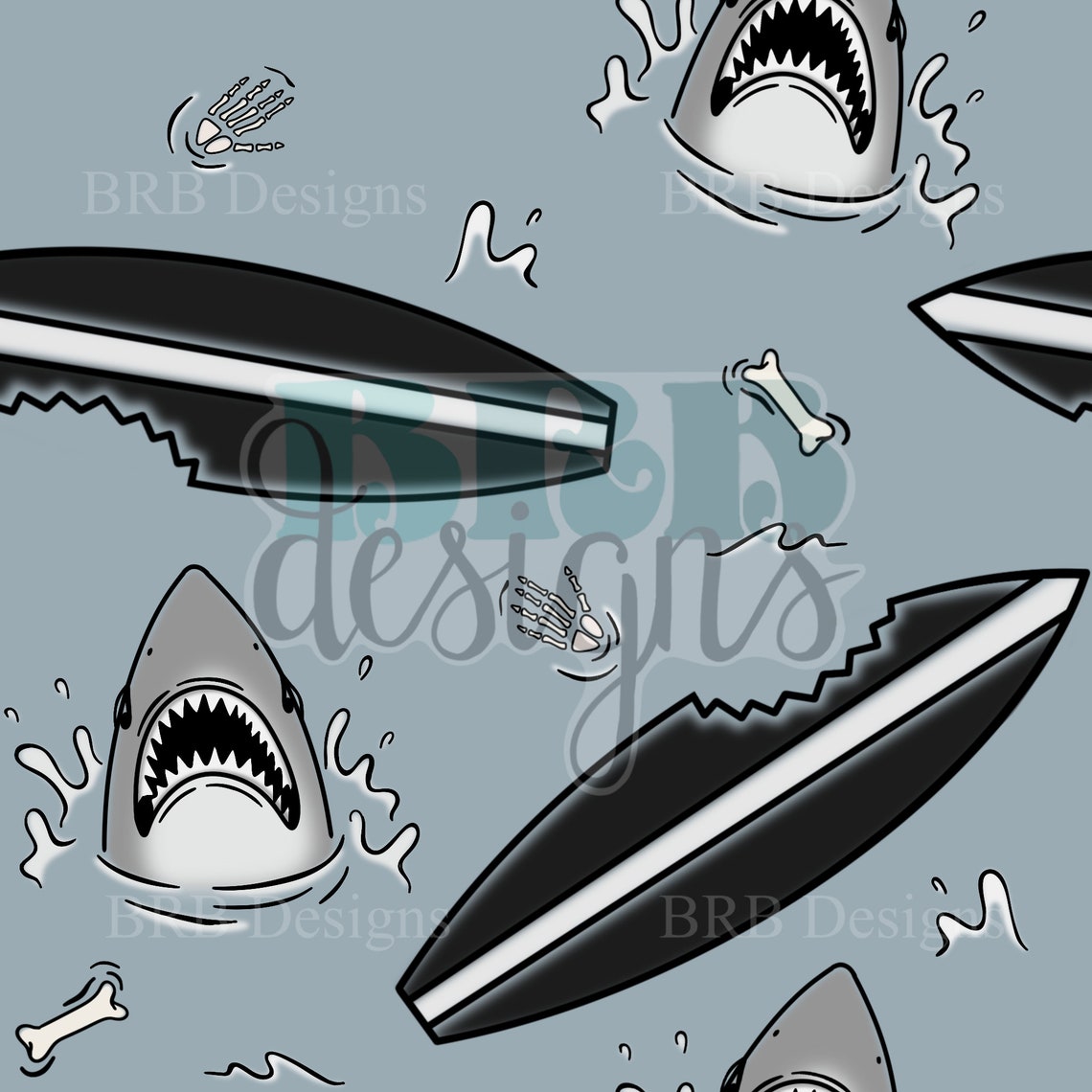 Surf Shark Attack Hand Drawn Digital PNG Seamless File - Etsy