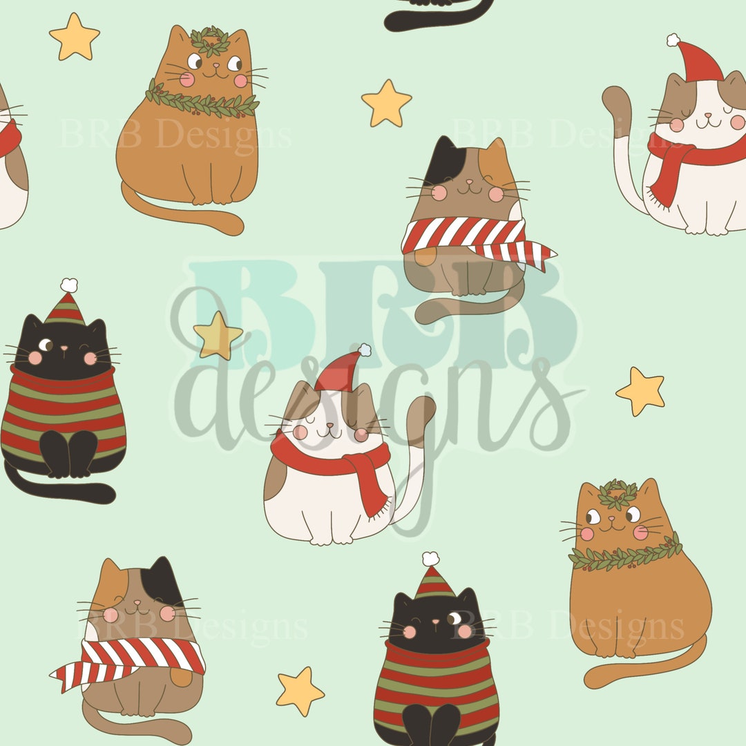 Kitty Cat Christmas Hand Drawn Digital PNG Seamless File - Etsy