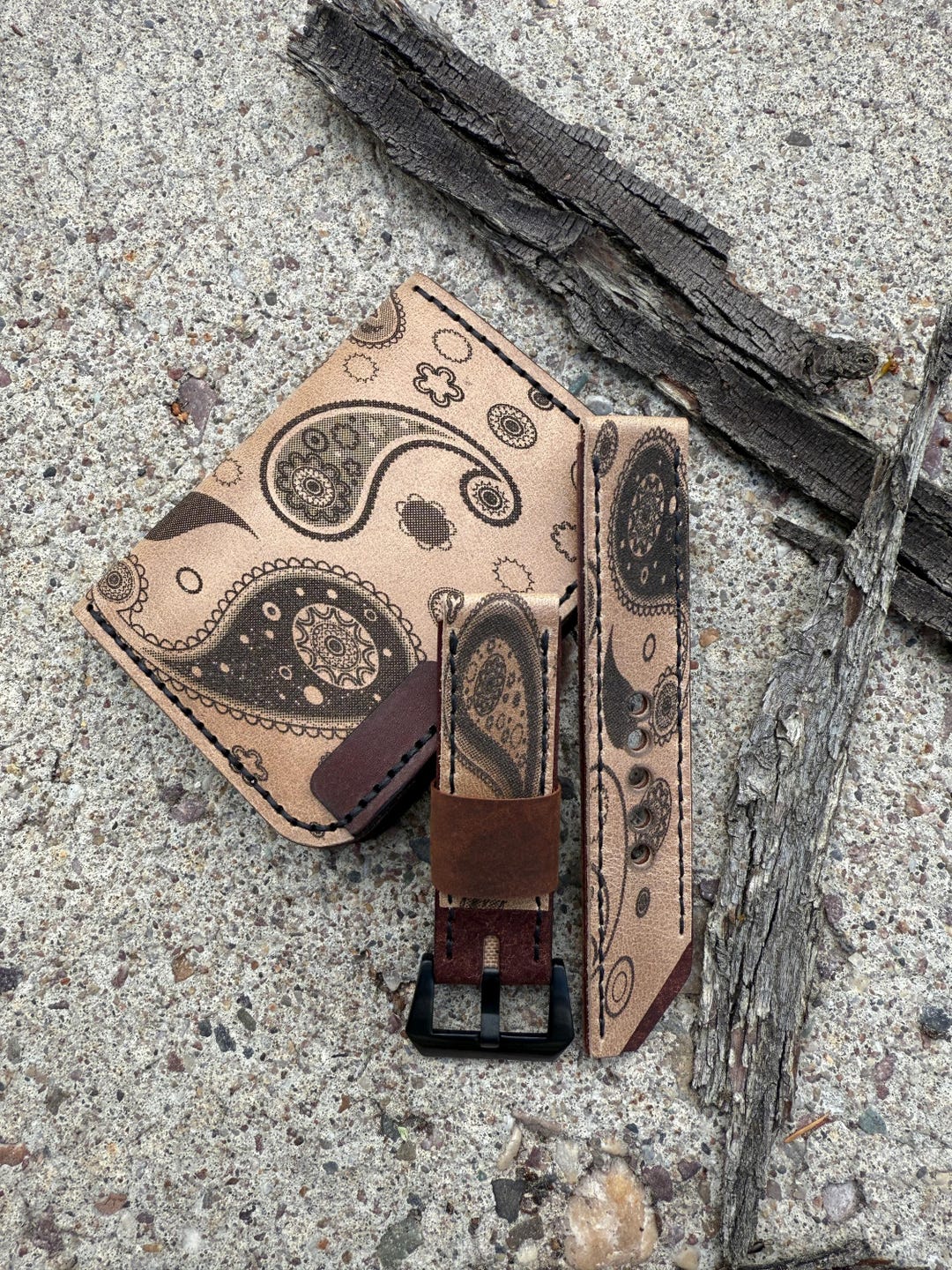 Custom Leather Wallet & Watch Strap Set: Paisley Design, Hand Stitched ...