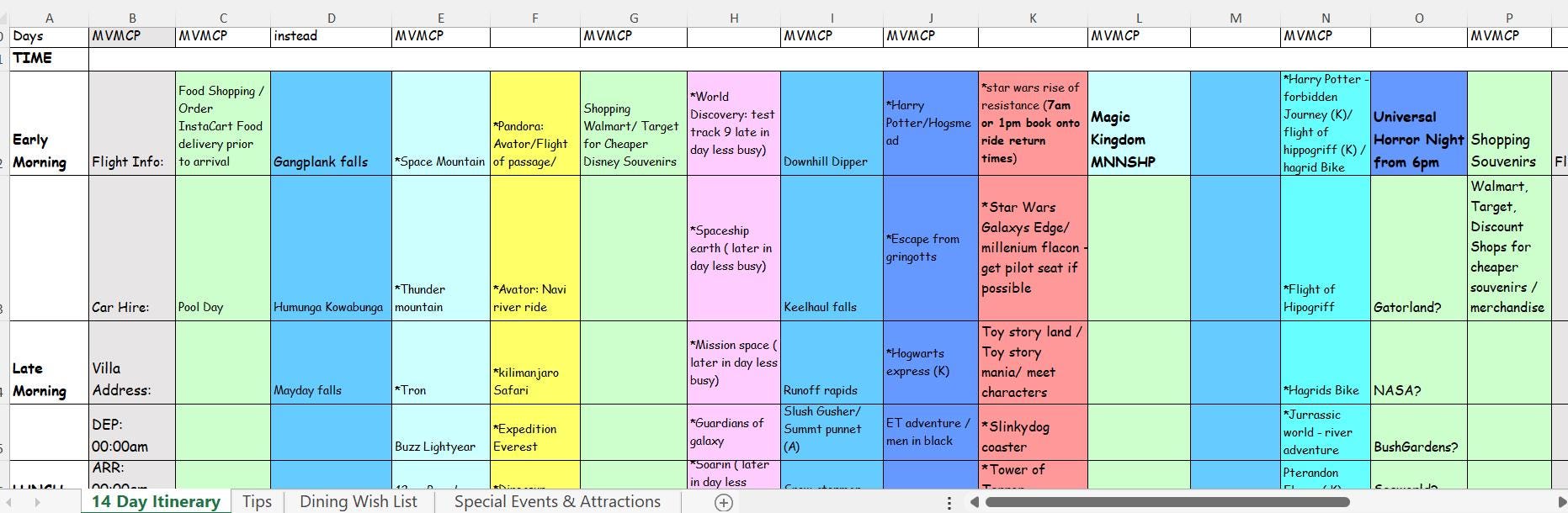 WDW Universal 14 Day Itinerary, Disney, Vacation Planning Spreadsheet ...