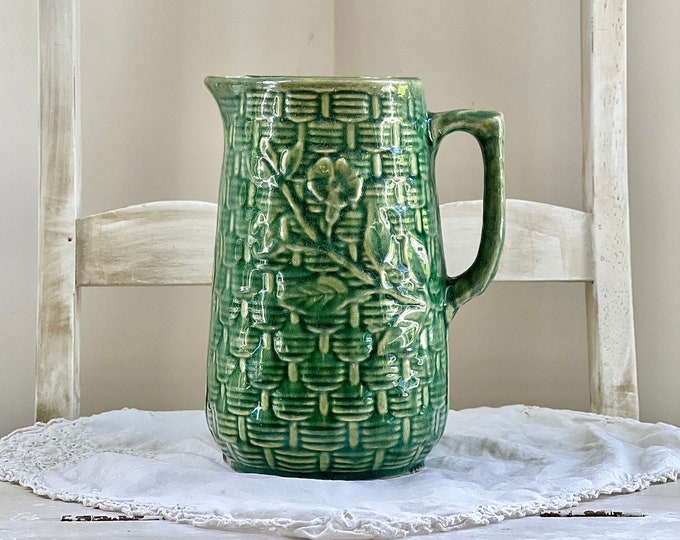 Antique Mccoy Green Basketweave Morning Glory Pitcher, Vintage ...