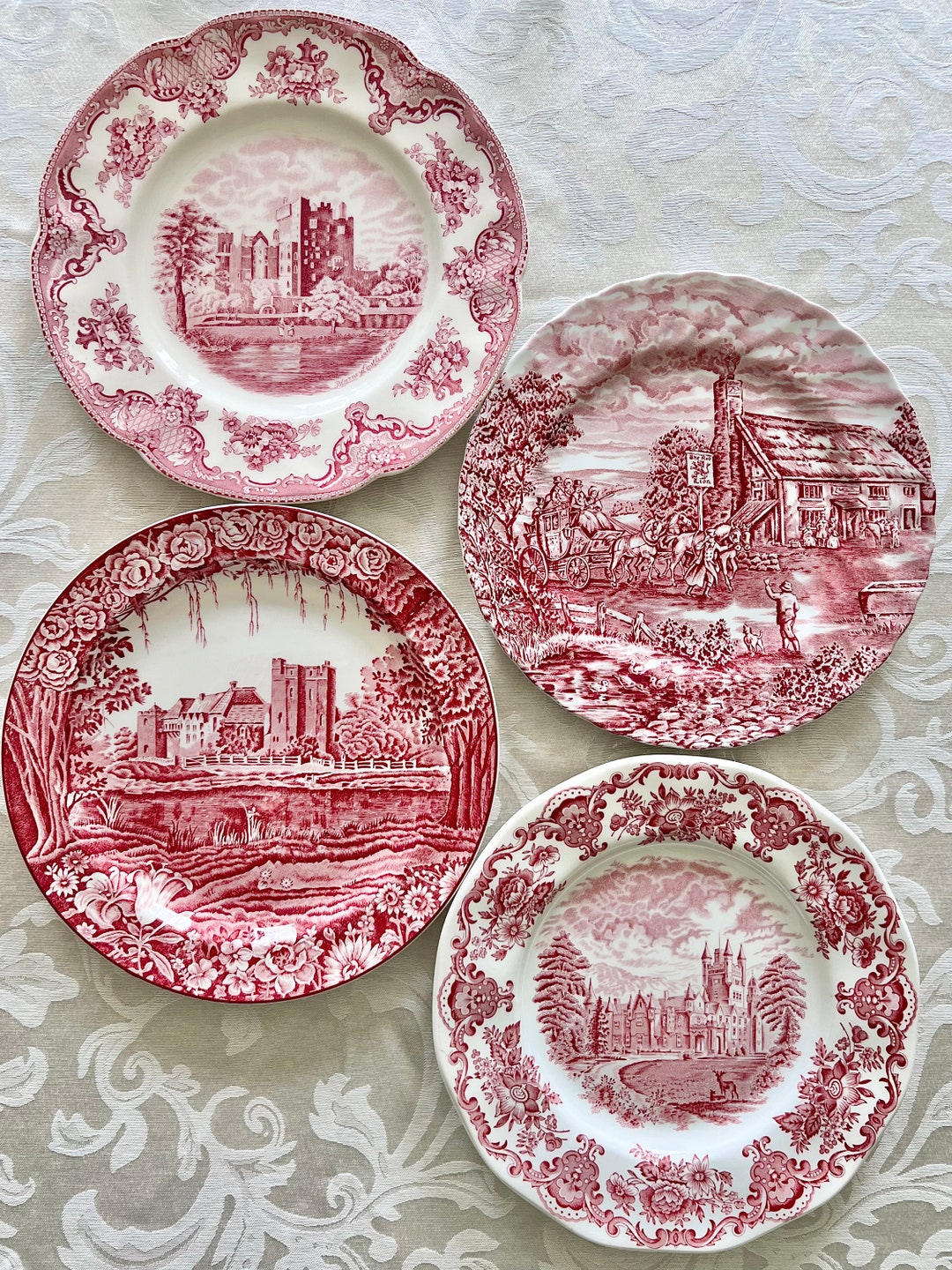 Vintage Set (4) Red Pink Transferware Mismatched Plates, English ...
