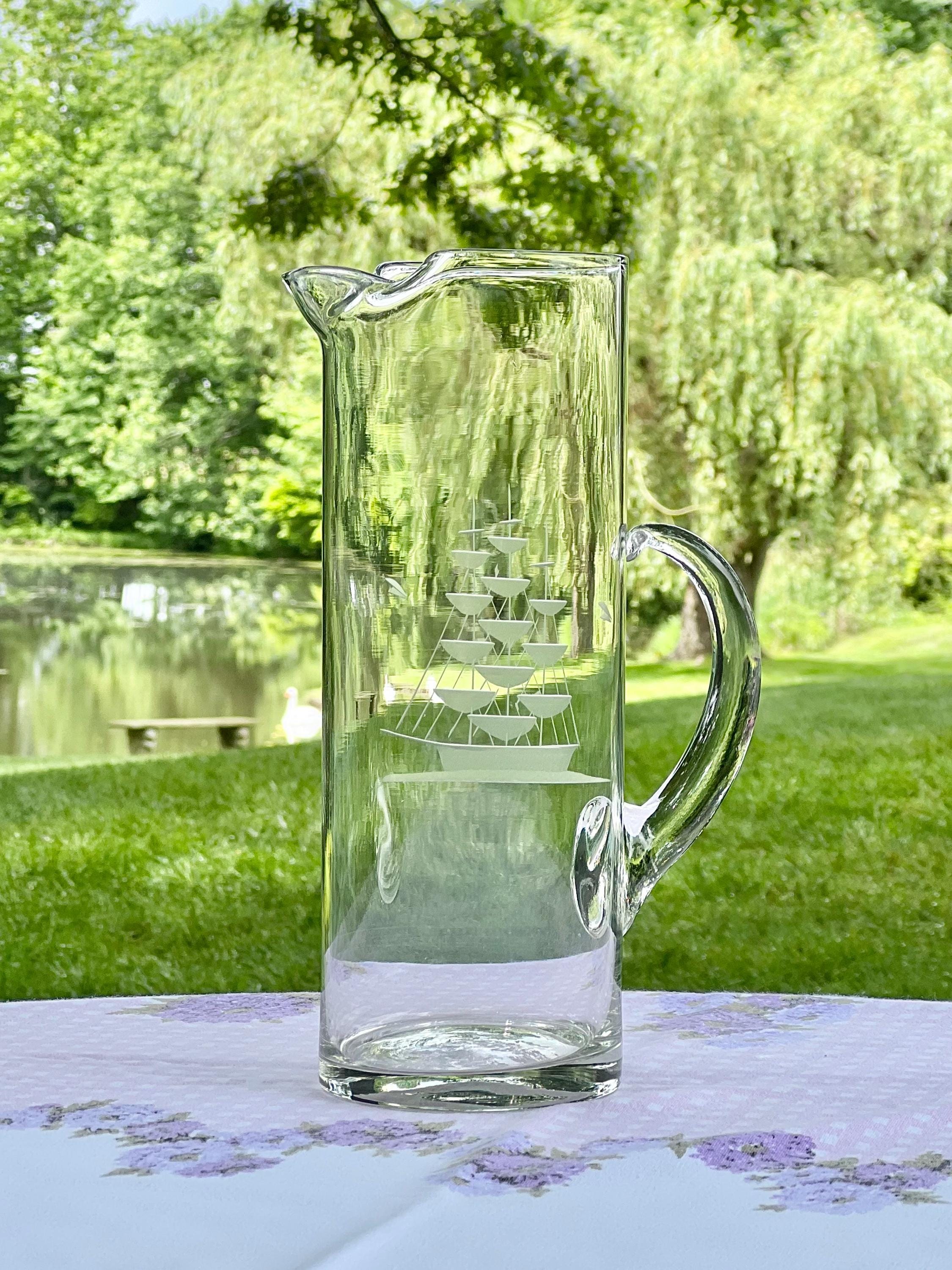 Vintage Etched Glass Clipper Ship Cocktail Pitcher, 10.5” Tall, 52 Oz ...