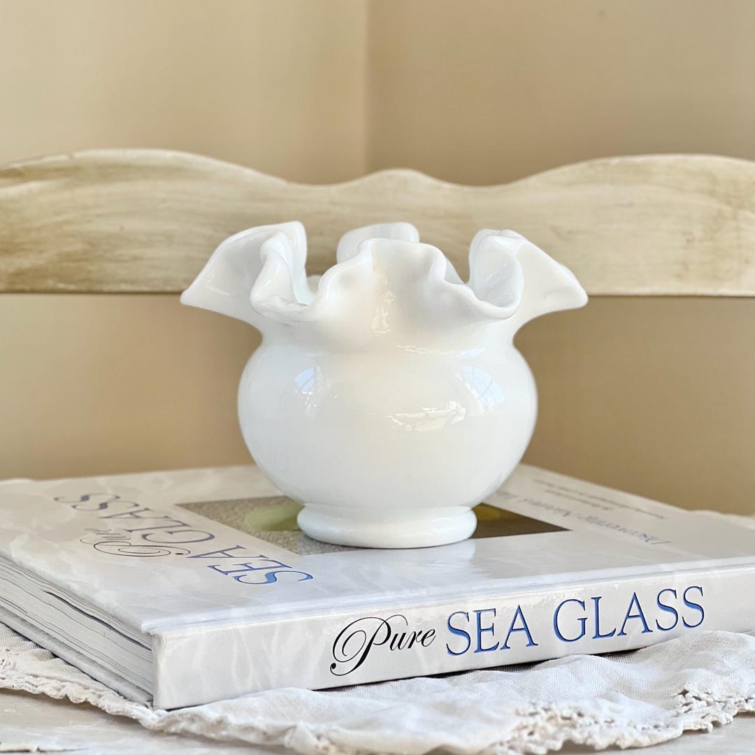 Lovely Vintage Milk Glass Vase With Ruffled Edge, Small Crimped Edge ...