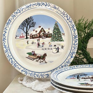 Vintage Set (4) Christmas Stoneware Dishes, Holiday Winter Snow Scene ...