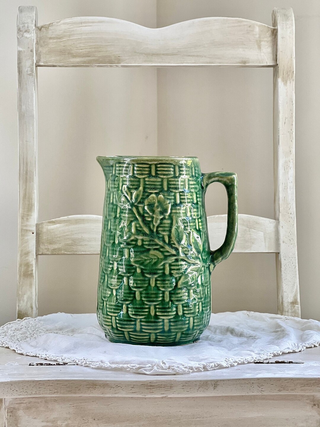Antique Mccoy Green Basketweave Morning Glory Pitcher, Vintage ...