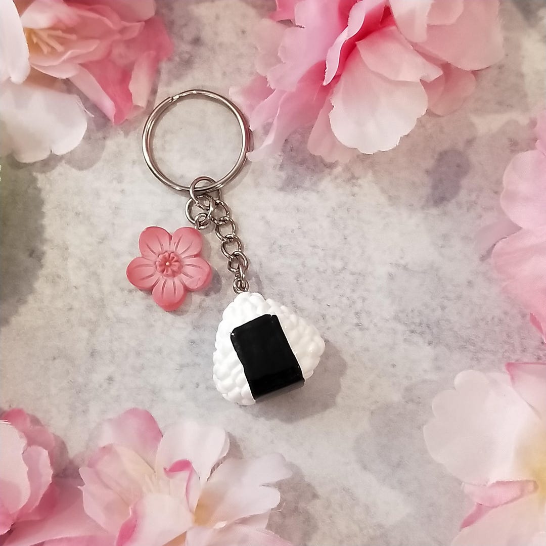 Onigiri & Cherry Blossom Keychain, Japanese Food Keychain, Rice Ball ...